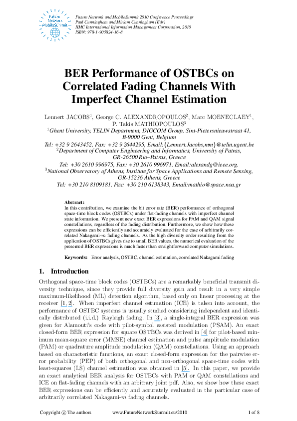 (PDF) BER performance of OSTBCs on correlated fading channels with imperfect channel estimation