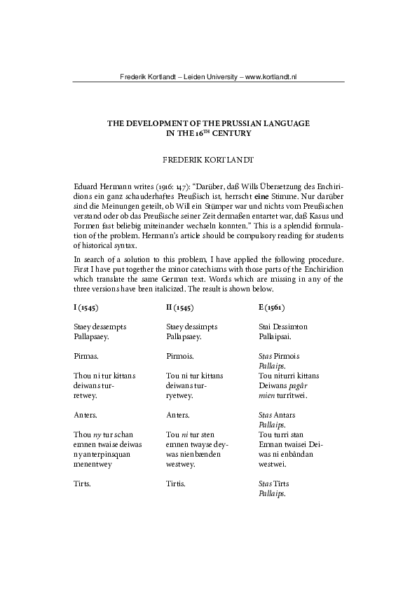 (PDF) The development of the Prussian language in the 16th century