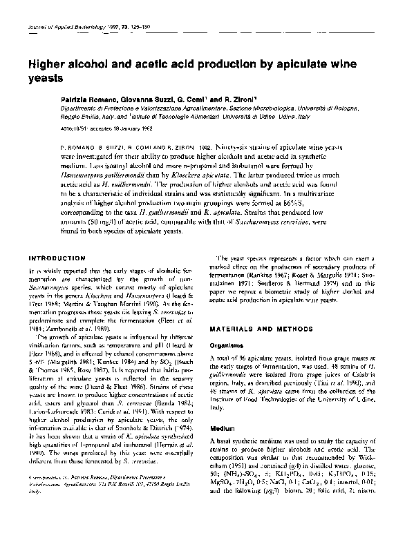 (PDF) Higher alcohol and acetic acid production by apiculate wine yeasts
