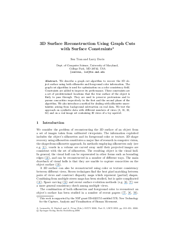 Pdf 3d Surface Reconstruction Using Graph Cuts With Surface Constraints