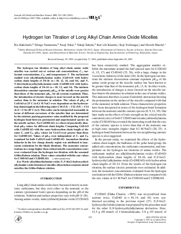 (PDF) Hydrogen Ion Titration of Long Alkyl Chain Amine Oxide Micelles