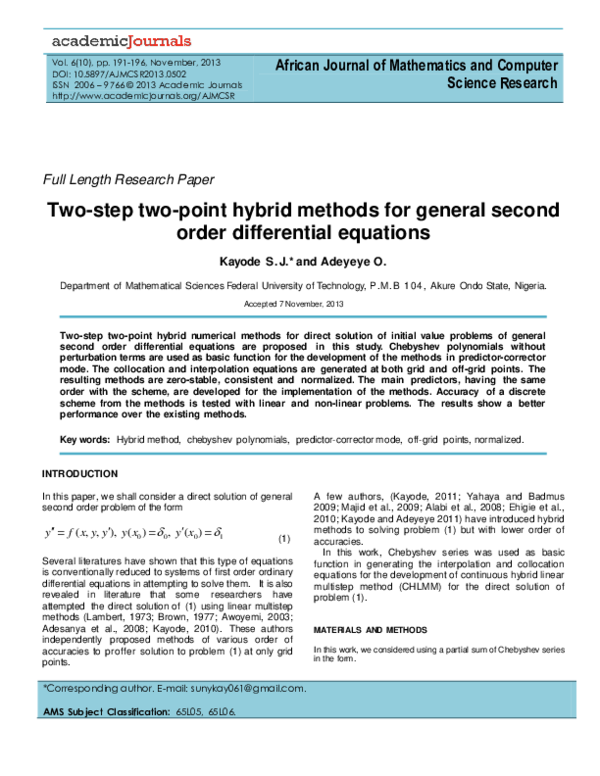 Pdf Two Step Two Point Hybrid Methods For General Second Order Differential Equations