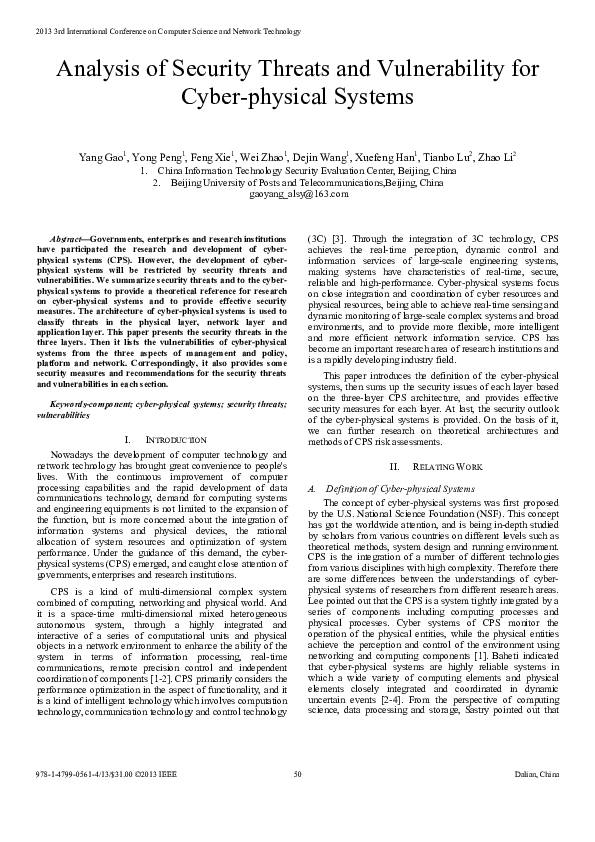 (PDF) Analysis of Security Threats and Vulnerability for Cyber-physical ...