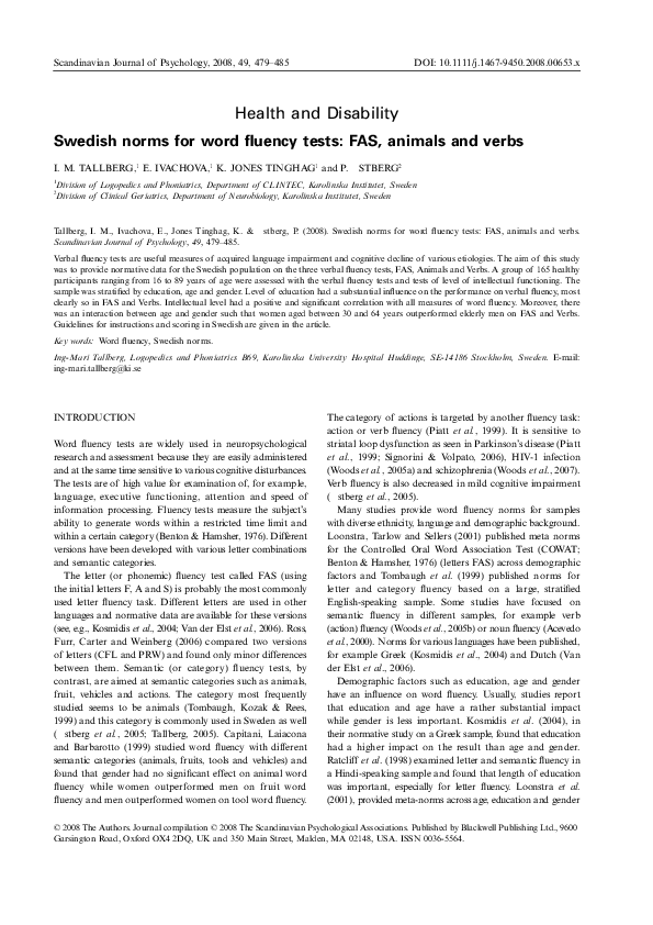 (PDF) Swedish norms for word fluency tests: FAS, animals and verbs