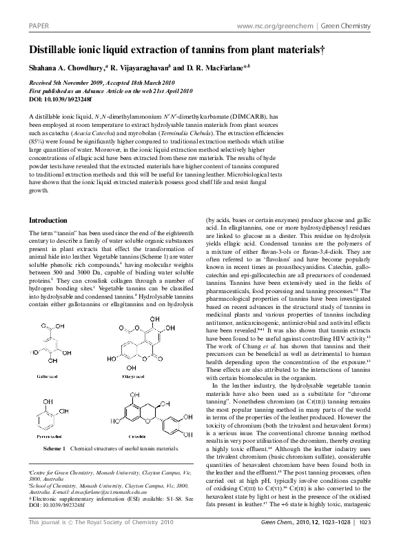(PDF) Distillable ionic liquid extraction of tannins from plant materials