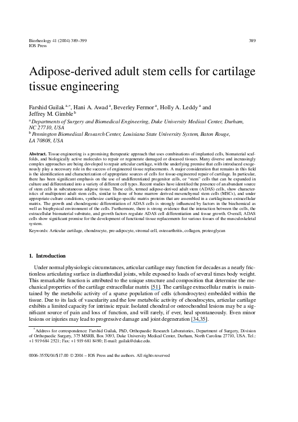 (PDF) Adipose-derived adult stem cells for cartilage tissue engineering