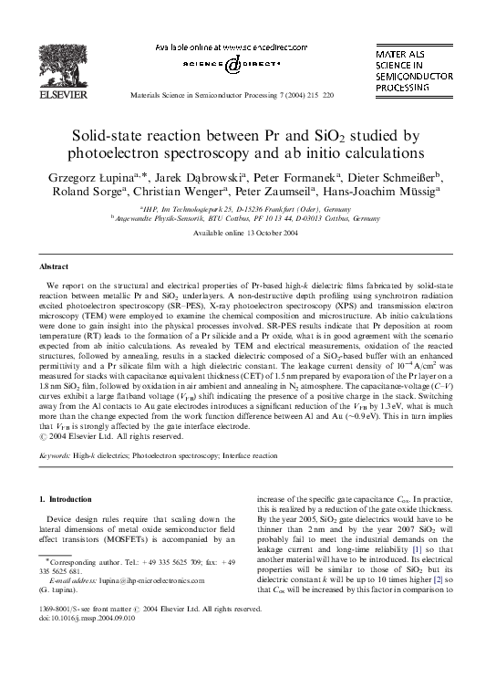 (PDF) Solid-state reaction between Pr and SiO 2 studied by photoelectron spectroscopy and ab ...