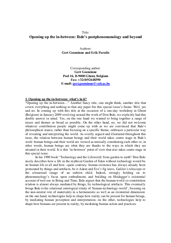 (PDF) Opening up the in-between: Ihde’s Postphenomenology and Beyond