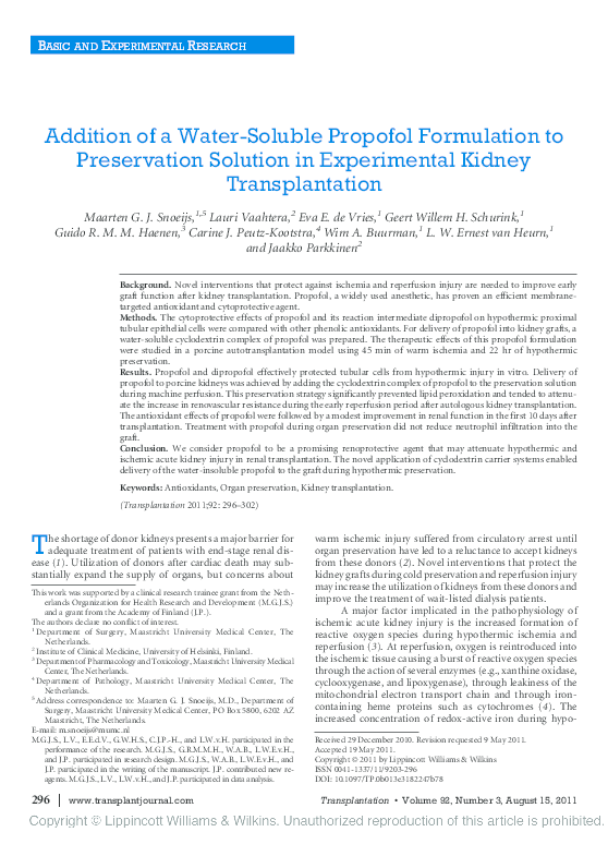 (PDF) Addition of a water-soluble propofol formulation to preservation ...