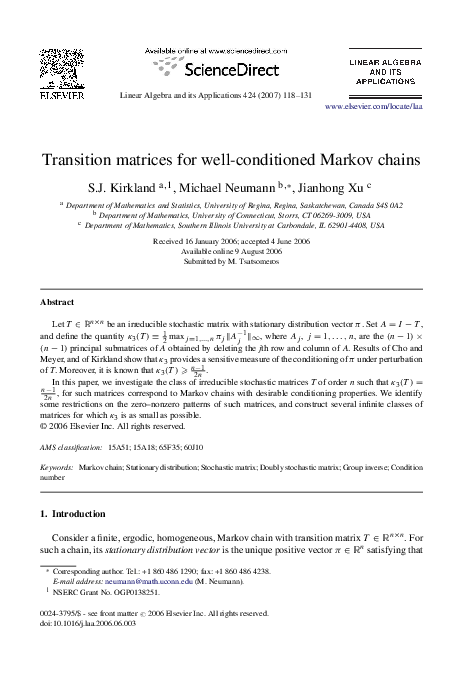 (PDF) Transition matrices for well-conditioned Markov chains
