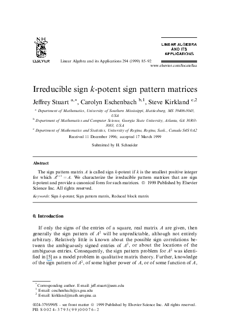 (PDF) Irreducible sign k-potent sign pattern matrices