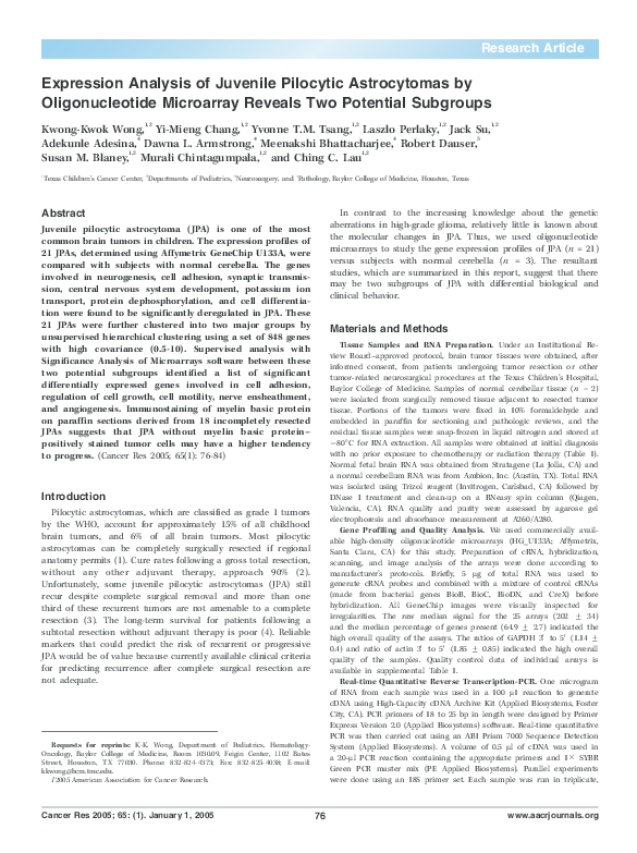 (PDF) Expression analysis of juvenile pilocytic astrocytomas by oligonucleotide microarray ...