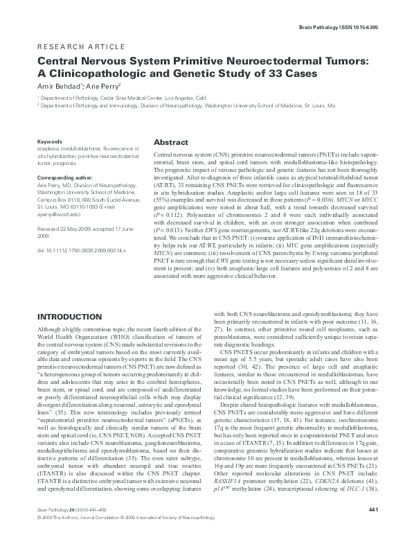 Pdf Central Nervous System Primitive Neuroectodermal Tumors A Clinicopathologic And Genetic