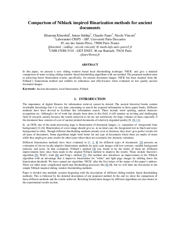 (PDF) Comparison of Niblack inspired binarization methods for ancient documents