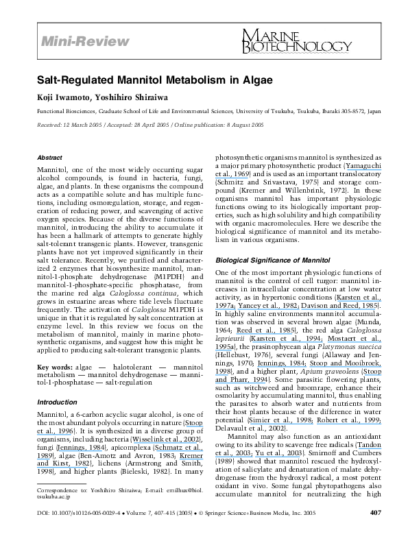 (PDF) Salt-Regulated Mannitol Metabolism in Algae