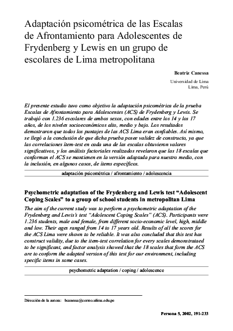(PDF) Psychometric adaptation of the Frydenberg and Lewis test ...