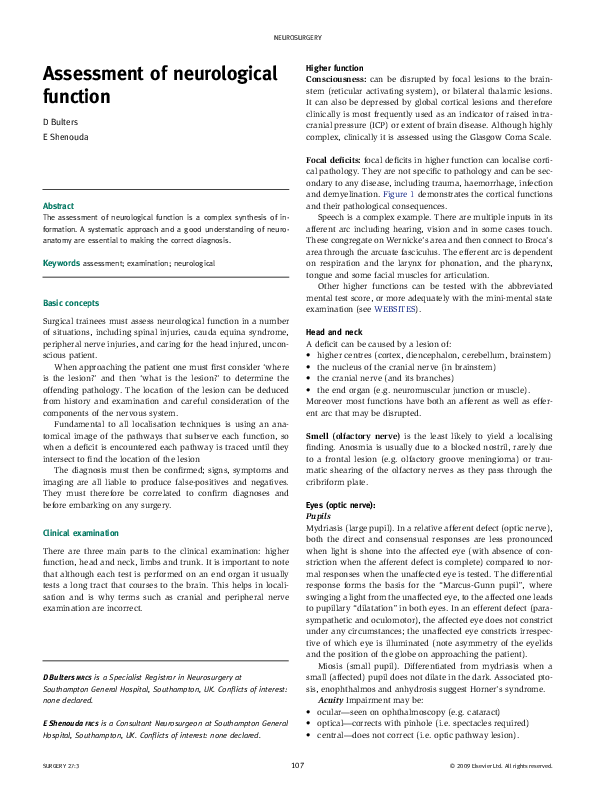 (PDF) Assessment of neurological function