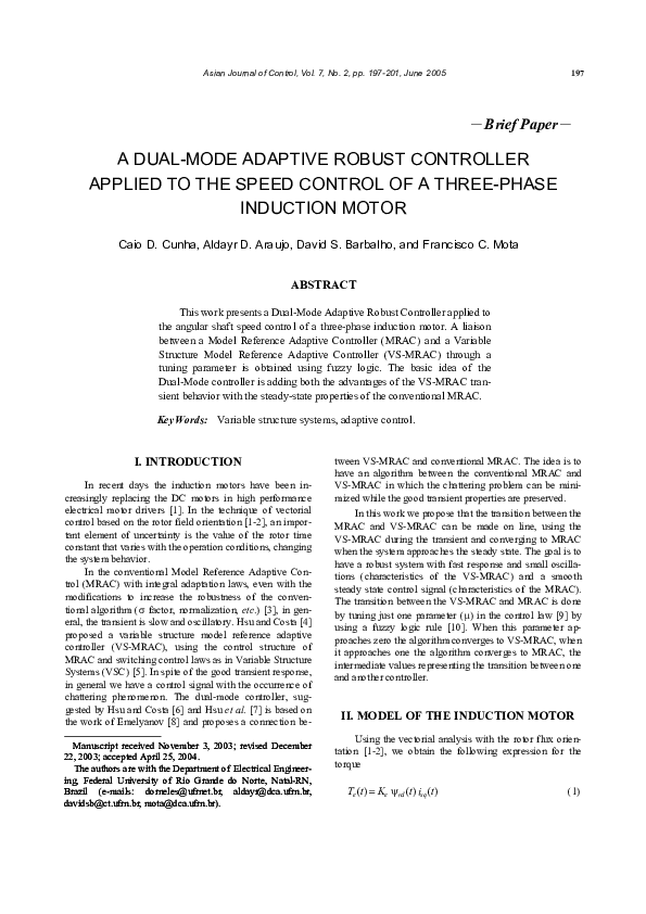 Pdf A Dual Mode Adaptive Robust Controller Applied To The Speed Control Of A Three Phase