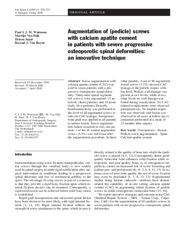 (PDF) Augmentation of (pedicle) screws with calcium apatite cement in ...