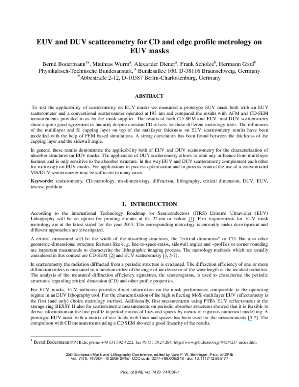 (PDF) EUV and DUV scatterometry for CD and edge profile metrology on EUV masks