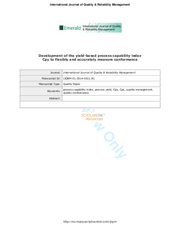 Pdf Development Of The Yield Based Process Capability Index Cpy To Flexibly And Accurately