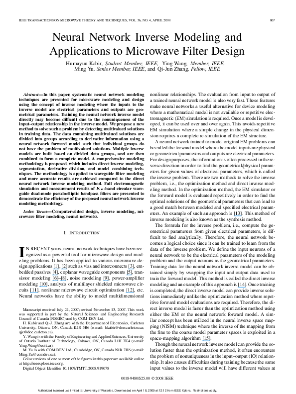 (PDF) Neural Network Inverse Modeling and Applications to Microwave Filter Design