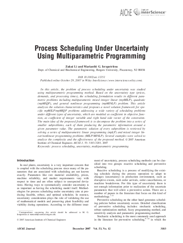 (PDF) Process scheduling under uncertainty using multiparametric programming