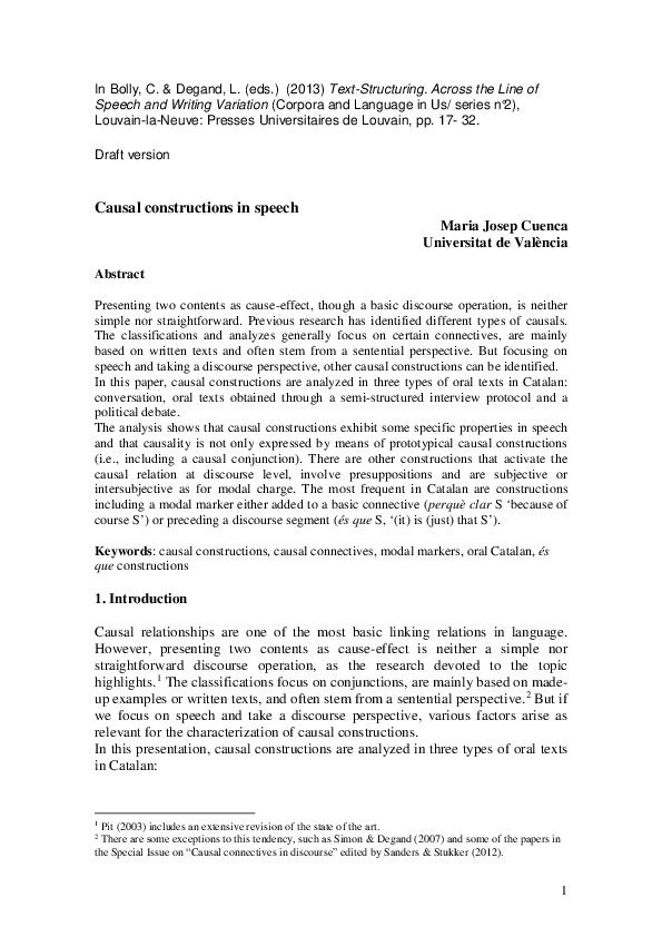 (PDF) 2013. "Causal constructions in speech". Bolly,C. & Degand, L ...
