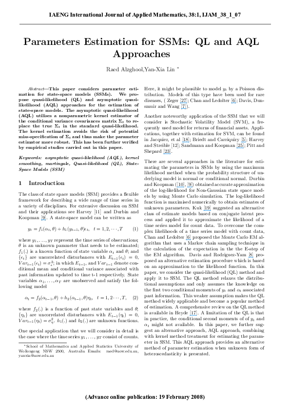 (PDF) Parameters Estimation for SSMs: QL and AQL Approaches