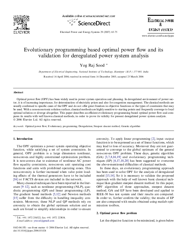 (PDF) Evolutionary programming based optimal power flow and its validation for deregulated power ...