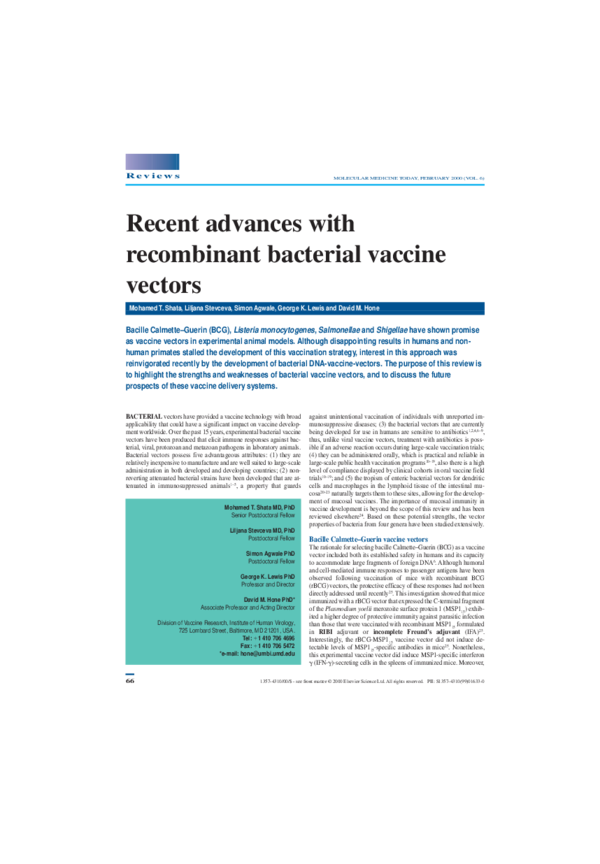 (PDF) Recent advances with recombinant bacterial vaccine vectors