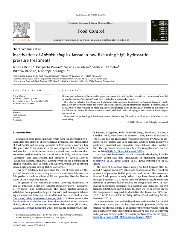 (PDF) Inactivation of Anisakis simplex larvae in raw fish using high ...