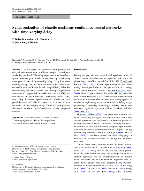 Pdf Synchronization Of Chaotic Nonlinear Continuous Neural Networks With Time Varying Delay