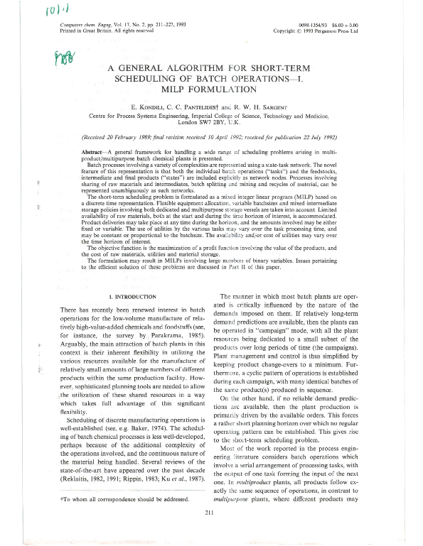 Pdf A General Algorithm For Short Term Scheduling Of Batch Operations