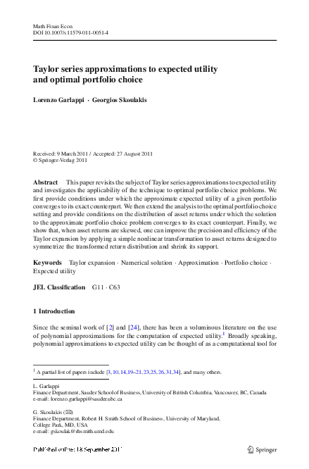 (PDF) Taylor Series Approximations to Expected Utility and Optimal Portfolio Choice