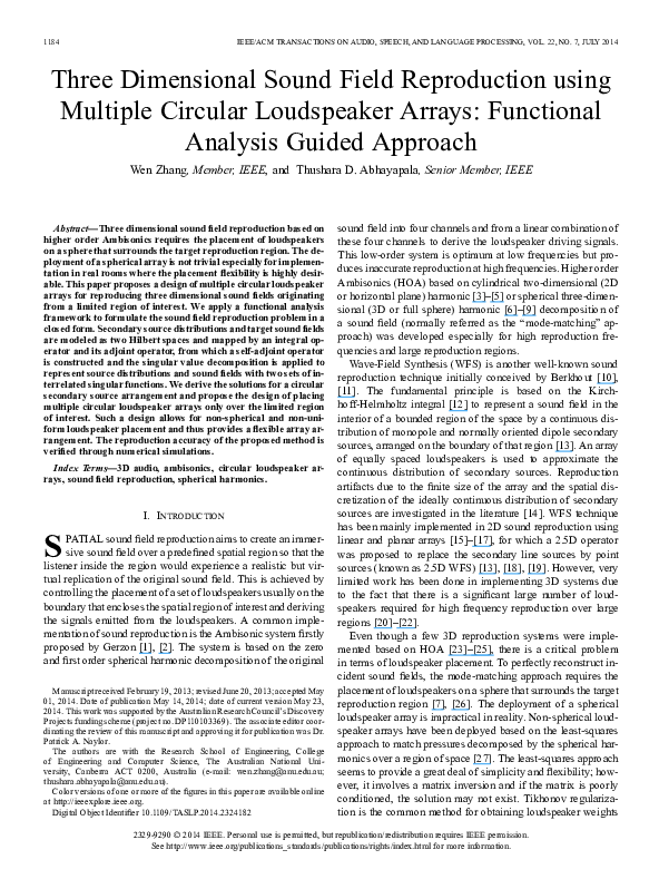 (PDF) Three-Dimensional Sound Field Reproduction Using Multiple Circular Loudspeaker Arrays