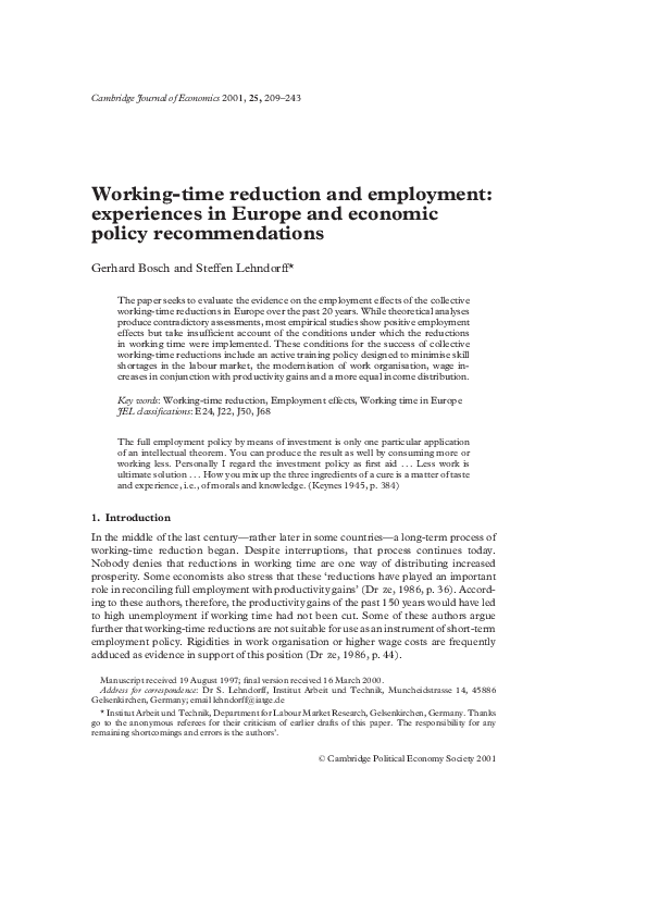 (PDF) Working-time reduction and employment: experiences in Europe and ...
