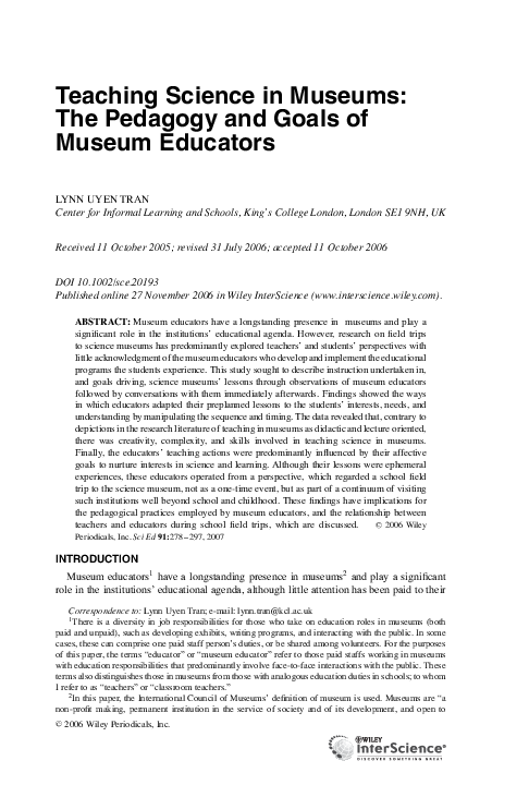 (PDF) Teaching science in museums: The pedagogy and goals of museum ...