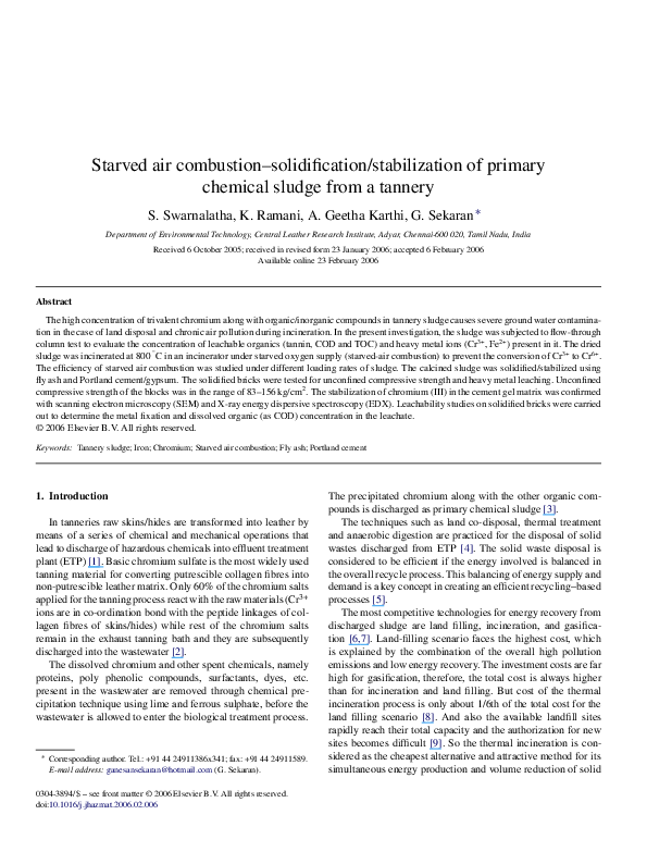 (PDF) Starved air combustion–solidification/stabilization of primary chemical sludge from a tannery