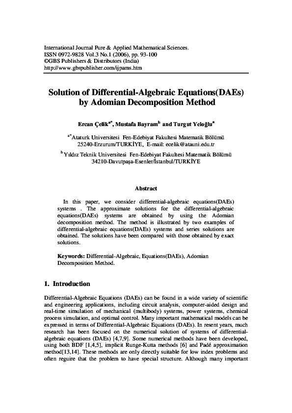 Pdf Solving Index 3 Differential Algebraic Equations 0317