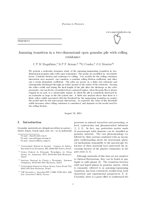 (PDF) Jamming transition in a two-dimensional open granular pile with rolling resistance