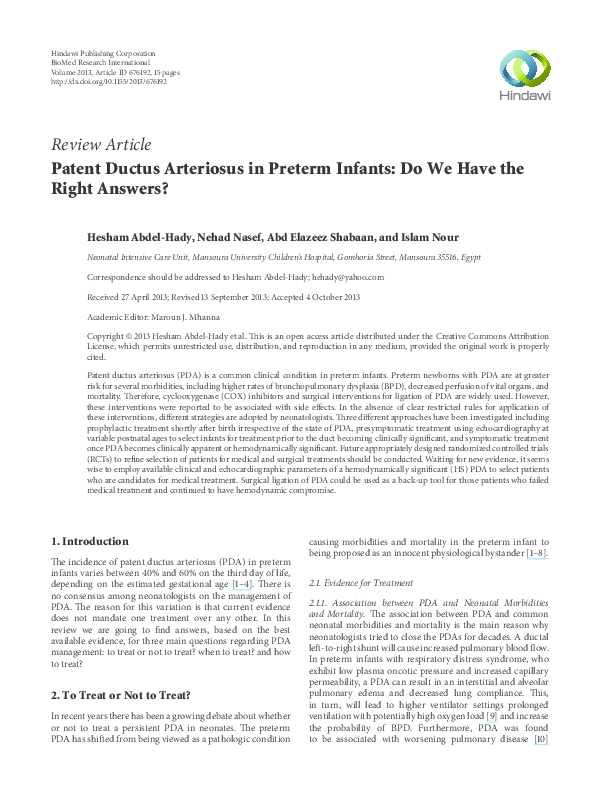 (PDF) Patent ductus arteriosus in preterm infants