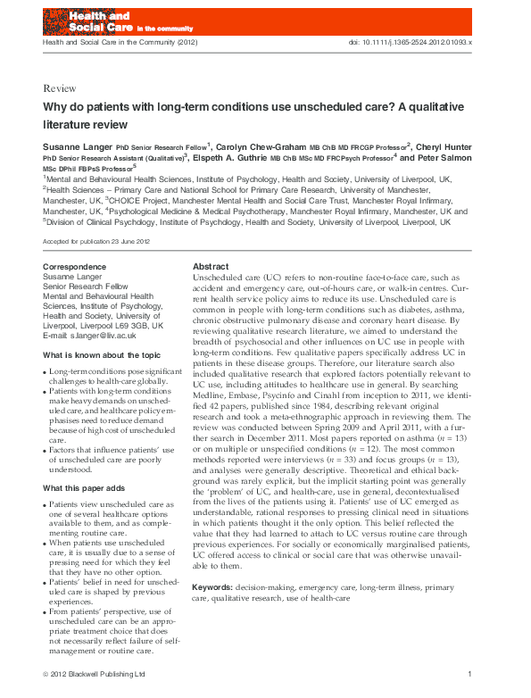 (PDF) Why do patients with long-term conditions use unscheduled care? A ...