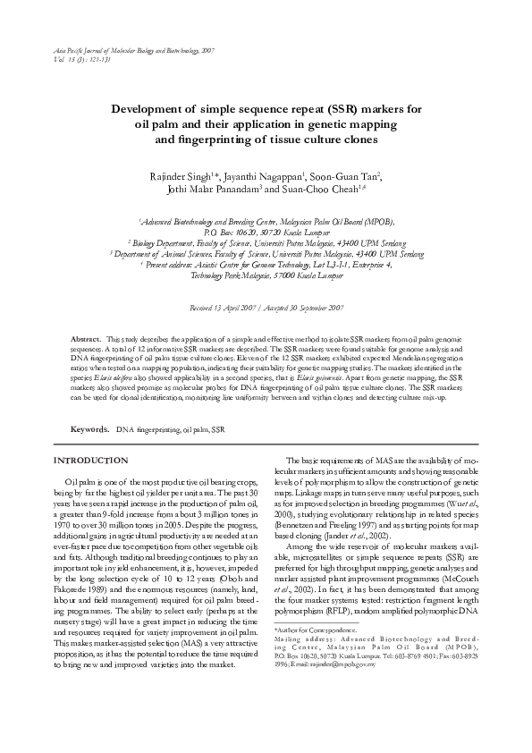 (PDF) Development of simple sequence repeat (SSR) markers for oil palm and their application in ...