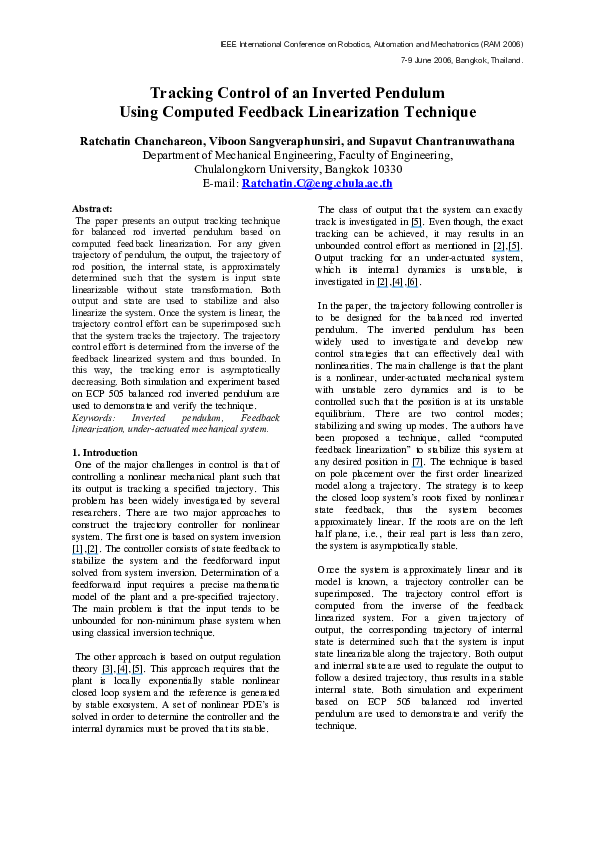 Pdf Tracking Control Of An Inverted Pendulum Using Computed Feedback Linearization Technique