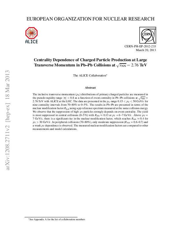 (PDF) Centrality Dependence of Charged Particle Production at Large Transverse Momentum in Pb ...