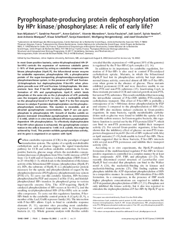 (PDF) Pyrophosphate-producing protein dephosphorylation by HPr kinase ...