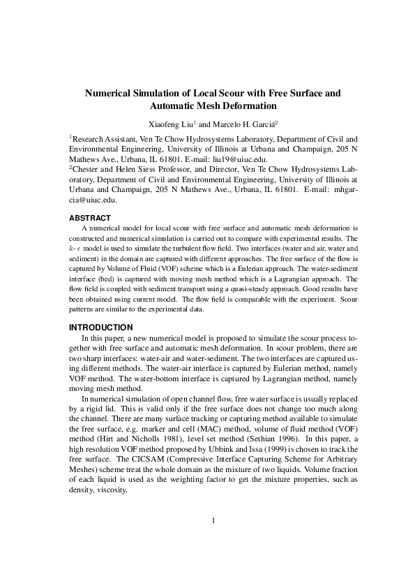 Pdf Numerical Simulation Of Local Scour With Free Surface And Automatic Mesh Deformation