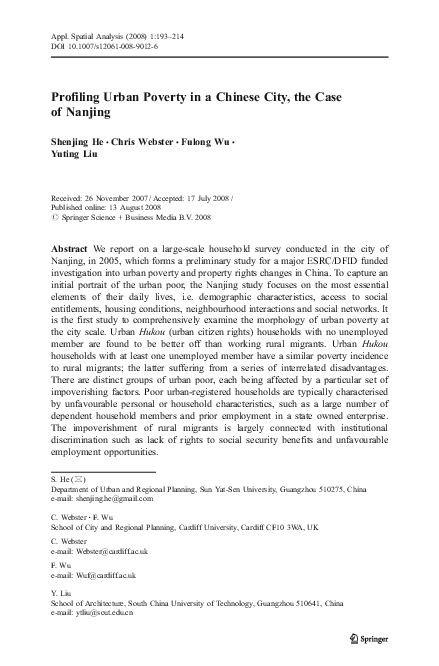 (PDF) Profiling Urban Poverty in a Chinese City, the Case of Nanjing