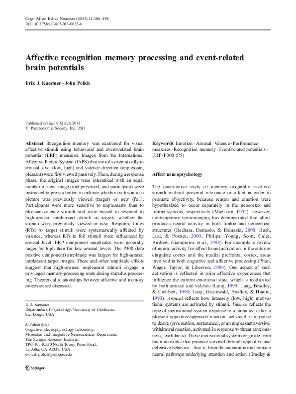 Pdf Affective Recognition Memory Processing And Event Related Brain
